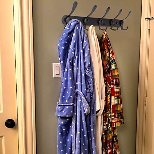 Qihtldsy Coat Rack Wall Mount, Stainless Steel Coat Hooks, 5 Tri Hooks, Heavy Duty Hook Rail for Coat Hat Towel Bag Purse Robes Bedroom Kitchen Bathroom Entryway (Black, 2 Packs)