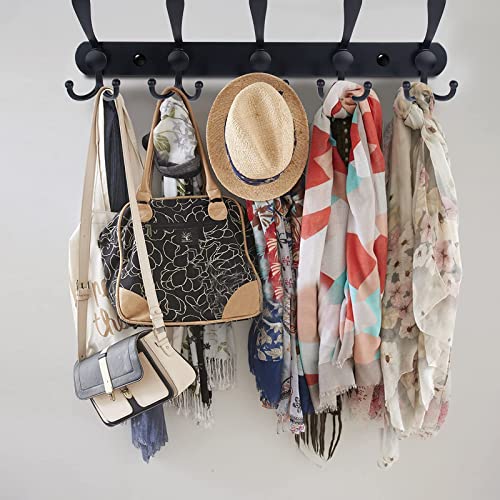 Qihtldsy Coat Rack Wall Mount, Stainless Steel Coat Hooks, 5 Tri Hooks, Heavy Duty Hook Rail for Coat Hat Towel Bag Purse Robes Bedroom Kitchen Bathroom Entryway (Black, 2 Packs)