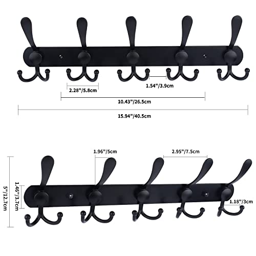 Qihtldsy Coat Rack Wall Mount, Stainless Steel Coat Hooks, 5 Tri Hooks, Heavy Duty Hook Rail for Coat Hat Towel Bag Purse Robes Bedroom Kitchen Bathroom Entryway (Black, 2 Packs)