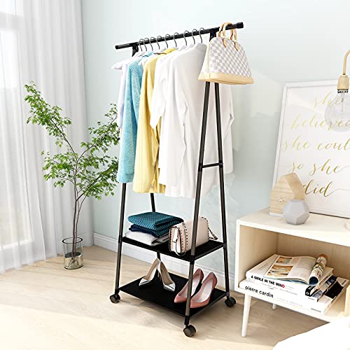 Jecpuo Clothes Rack Small Metal Garment Rack with Shelves for bedroom Rolling clothing rack for Hanging Clothes on Wheels for Hanging Clothes,clothes rack (Black)