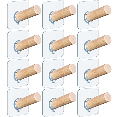 Jetec Hat Hooks for Wall Hat Hanger Hat Hooks Hat Pegs Adhesive Wood Hooks Self Adhesive Hooks Wooden Hat Rack Coat Hooks Wall Mounted Hook for Home School Office (12 Pcs, 6 cm/ 2.4 inch)