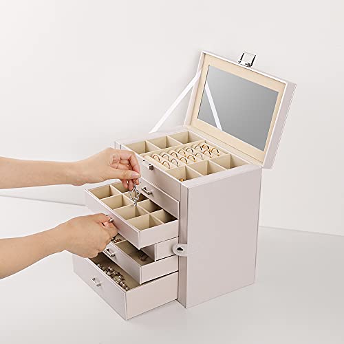 Frebeauty Large Jewelry Box,6-Tier PU Leather Jewelry Organizer with Lock,Multi-functional Storage Case with Mirror,Accessories Holder with 5 Drawers for Earrings Necklace Bracelets (Pearl White)