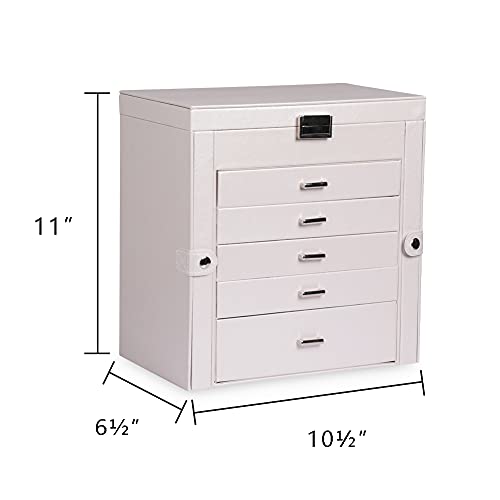 Frebeauty Large Jewelry Box,6-Tier PU Leather Jewelry Organizer with Lock,Multi-functional Storage Case with Mirror,Accessories Holder with 5 Drawers for Earrings Necklace Bracelets (Pearl White)