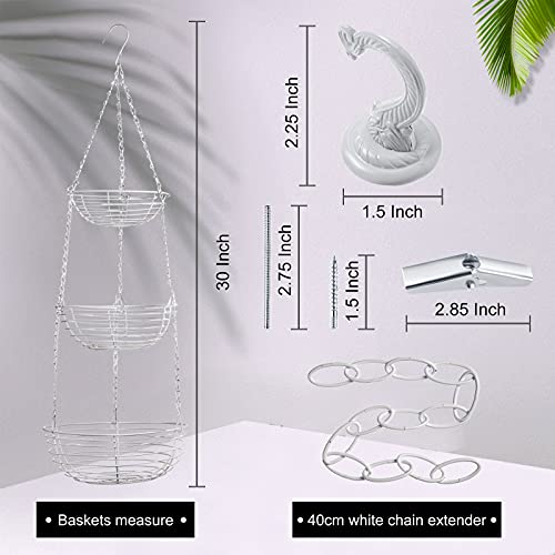 Hotop 3-Tier Hanging Fruit Basket Vegetable Storage Wire Basket with 16 Inch Fixture Chain and Ceiling Hook for Putting Fruit Vegetables Snacks Household Items (White)