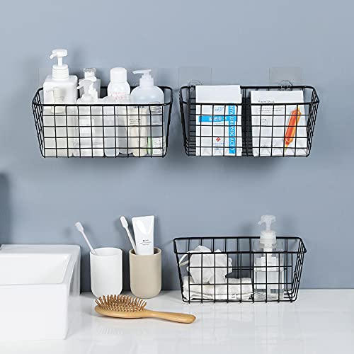 Metal Hanging Wire Basket with Hooks for Storage, Bawuie 4 Pack Wall Mount on Door Sturdy Organizer Holder, Farmhouse Rustic Decor Home Bin for Kitchen Cabinets Pantry Bathroom Bedroom Office, Black