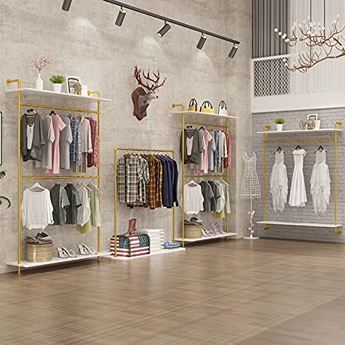 FURVOKIA Modern Simple 2 Tier Industrial Pipe and Wood Garment Rack,Wall Mounted Double Hanging Rods Clothing Rack,Retail Display Storage Clothes Hanging Shelves (One Shelves,Gold, 47.2" L)