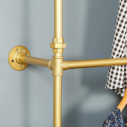 FURVOKIA Modern Simple 2 Tier Industrial Pipe and Wood Garment Rack,Wall Mounted Double Hanging Rods Clothing Rack,Retail Display Storage Clothes Hanging Shelves (One Shelves,Gold, 47.2" L)
