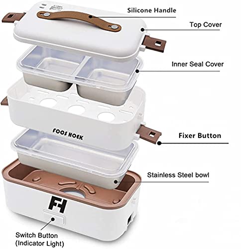 Focs Hoek Electric Lunch Box, Portable Heating Electric Lunch Box, 0.8L/110V With Spoon and Fork Insulation Bag, Suitable for Home School Office Workplace Travel(ONLY THE WALL PLUG) (White)