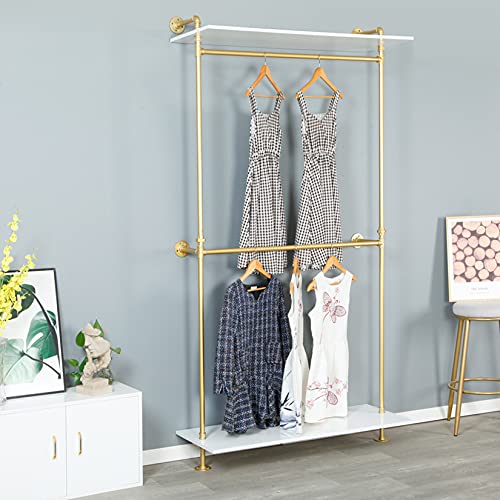 FURVOKIA Modern Simple 2 Tier Industrial Pipe and Wood Garment Rack,Wall Mounted Double Hanging Rods Clothing Rack,Retail Display Storage Clothes Hanging Shelves (One Shelves,Gold, 47.2" L)