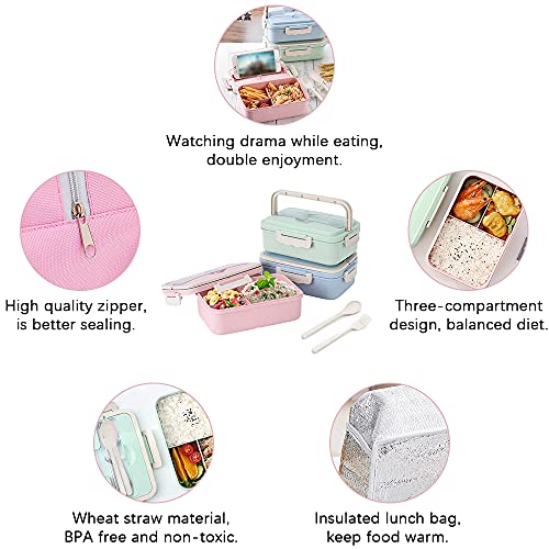 SITAKE Bento Box and Lunch Box for Kids, Come with Lunch Bag, Spoon and Fork, Microwaveable Wheat Straw Lunch Containers, Japanese-style 33.8oz/1000ml Lunchbox for Adults (Pink)
