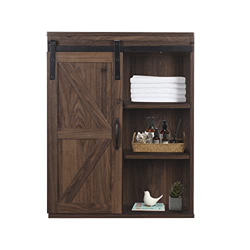 Rustory Rustic Wooden Wall Mounted Storage Cabinet with Sliding Barn Door, Decorative Farmhouse Medicine Cabinet for Kitchen Dining, Bathroom, Living Room (Dark Walnut)