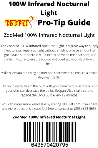 Nocturnal Infrared 100w Reptile Basking Bulb - Includes Attached DBDPet Pro-Tip Guide - Good for Night Time Heating or Basking
