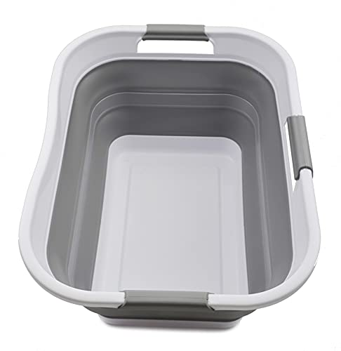 SAMMART 30L (8 gallon) Collapsible Plastic Laundry Basket - Foldable Pop Up Storage Container/Organizer - Portable Washing Tub - Space Saving Hamper/Basket - Water Capacity 24L(6.3 gallon) (1, White/Grey)