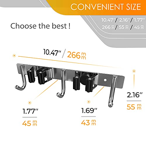 SAYONEYES Screw and Adhesive Broom Holder Wall Mount - Heavy Duty SUS304 Stainless Steel Broom and Mop holder for Laundry Room, Garden, Garage (2 Racks 3 Hooks - Black)