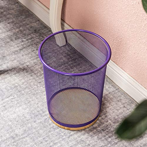 Trash Can Creative Iron Wire Mesh Trash Can Set Living Room Kitchen Bathroom Garbage Bin Office Thick Bamboo Bottom Paper Basket Waste Bin (Color : Purple)