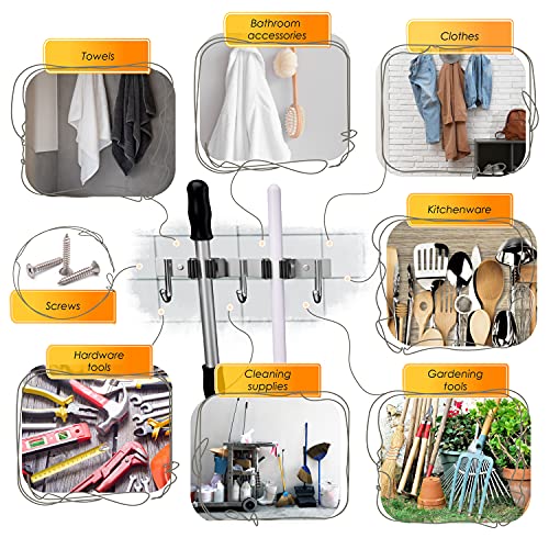 SAYONEYES Screw and Adhesive Broom Holder Wall Mount - Heavy Duty SUS304 Stainless Steel Broom and Mop holder for Laundry Room, Garden, Garage (2 Racks 3 Hooks - Black)