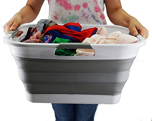 SAMMART 30L (8 gallon) Collapsible Plastic Laundry Basket - Foldable Pop Up Storage Container/Organizer - Portable Washing Tub - Space Saving Hamper/Basket - Water Capacity 24L(6.3 gallon) (1, White/Grey)