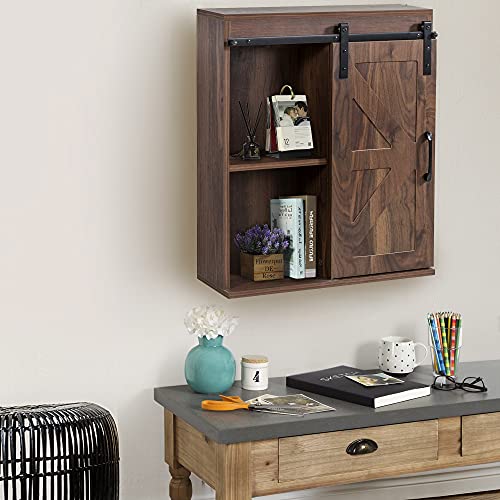 Rustory Rustic Wooden Wall Mounted Storage Cabinet with Sliding Barn Door, Decorative Farmhouse Medicine Cabinet for Kitchen Dining, Bathroom, Living Room (Dark Walnut)