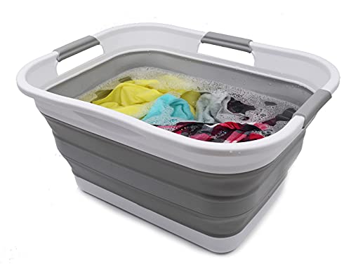 SAMMART 30L (8 gallon) Collapsible Plastic Laundry Basket - Foldable Pop Up Storage Container/Organizer - Portable Washing Tub - Space Saving Hamper/Basket - Water Capacity 24L(6.3 gallon) (1, White/Grey)