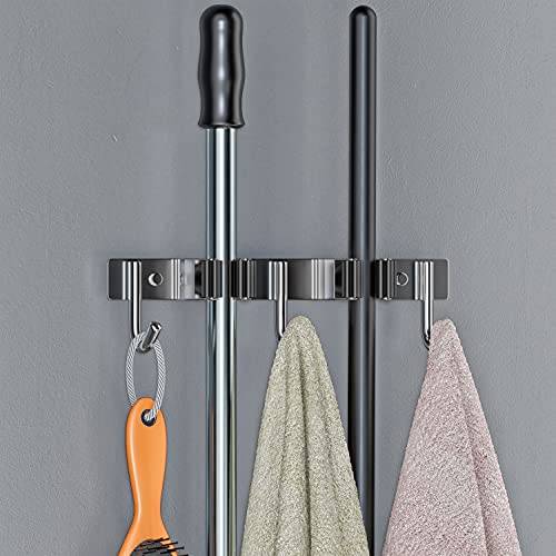 SAYONEYES Screw and Adhesive Broom Holder Wall Mount - Heavy Duty SUS304 Stainless Steel Broom and Mop holder for Laundry Room, Garden, Garage (2 Racks 3 Hooks - Black)