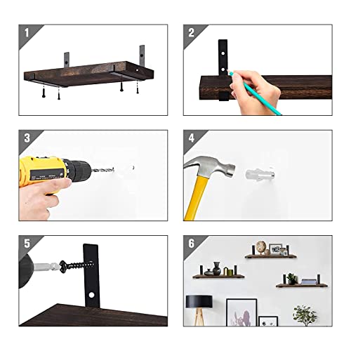 iPeTata Floating Shelves, Wall Mounted Rustic Wood Wall Storage Shelves for Bathroom, Bedroom, Kitchen, Living Room, Office and Coffee Bar Wine Bar, with Towel Bar and 5 Hooks, Set of 3 (Brown)