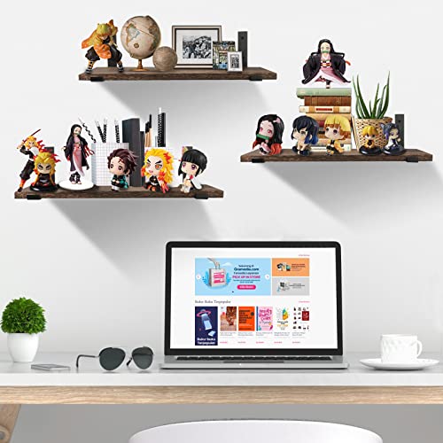 iPeTata Floating Shelves, Wall Mounted Rustic Wood Wall Storage Shelves for Bathroom, Bedroom, Kitchen, Living Room, Office and Coffee Bar Wine Bar, with Towel Bar and 5 Hooks, Set of 3 (Brown)