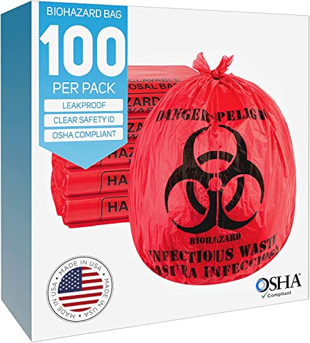 Biohazard Waste Bags 10-Gallon 24x24 Red Hazardous Trash Can Liners – Medical Grade No Leak Bags - Biohazard Symbol for Safe Infectious Waste Disposal. Great for Lab Containers, Swabs, Pads, Gloves (100 pack)