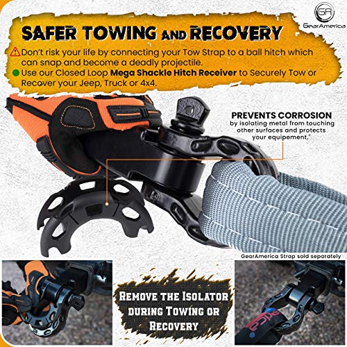 GearAmerica Tow Straps 4" x 30' 45,000 lbs trength + 2PK Heavy Duty D Ring Shackles Red 58,000 lbs Strength + Black Aluminum Hitch Receiver 2"x2" 32,000 lbs trength