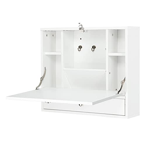 VINGLI Wall-Mounted Floating Desk with Drawer,Foldable Table Space-Saving Computer Desk Laptop Workstation Home Office Writing Desk Vanity Table for Small Spaces (White)