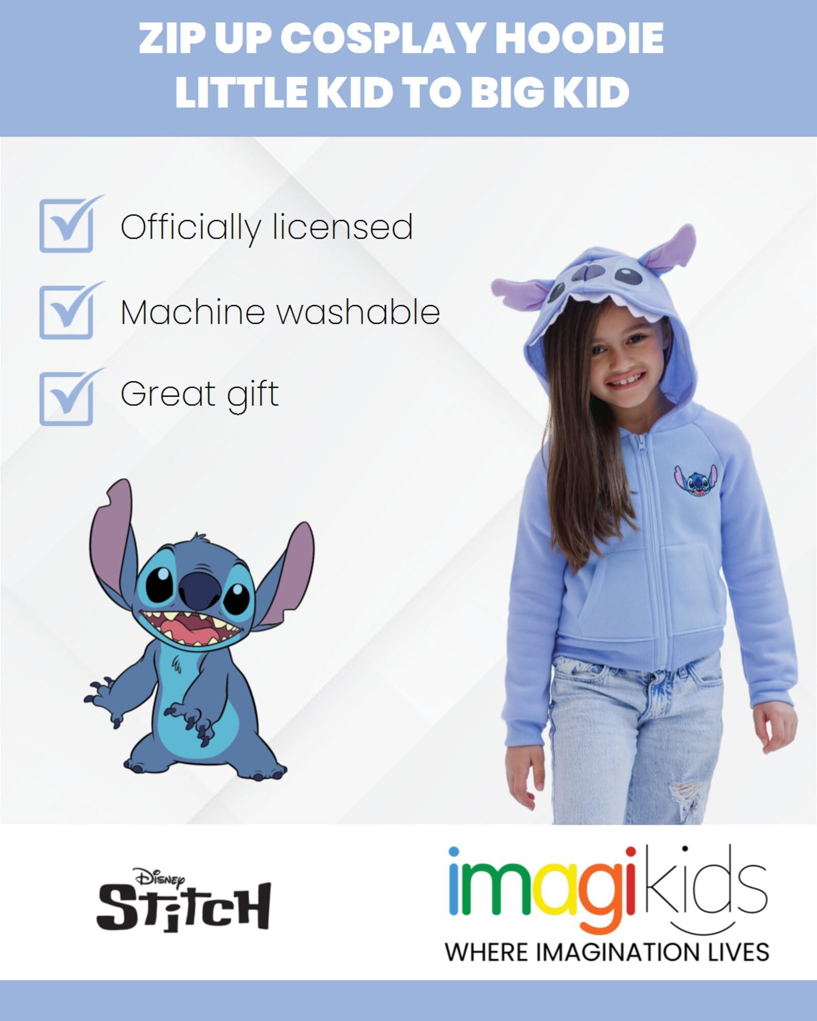 Disney Lilo & Stitch Little Girls French Terry Zip Up Cosplay Hoodie Blue 6