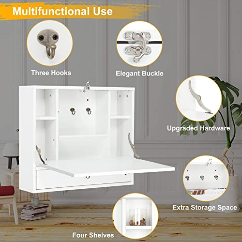VINGLI Wall-Mounted Floating Desk with Drawer,Foldable Table Space-Saving Computer Desk Laptop Workstation Home Office Writing Desk Vanity Table for Small Spaces (White)