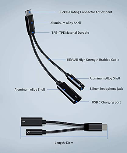 USB C to 3.5mm Headphone and Charger Adapter, 2 in 1 USB C to 3.5mm Headphone Jack Adapter Hi-Res DAC and Fast Charging Dongle Compatible with Google Pixel 5 4 3 XL, Galaxy S22/S22+/S21, Note 10/20