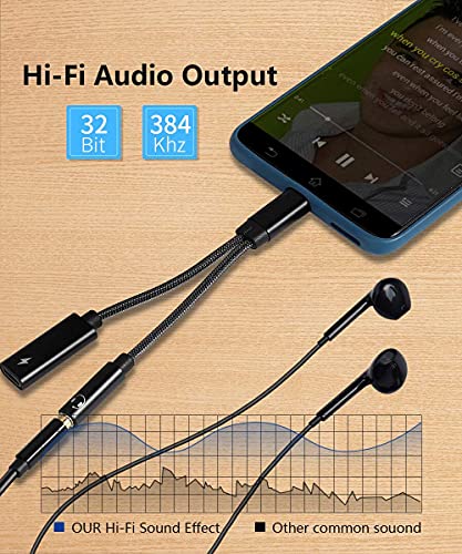 USB C to 3.5mm Headphone and Charger Adapter, 2 in 1 USB C to 3.5mm Headphone Jack Adapter Hi-Res DAC and Fast Charging Dongle Compatible with Google Pixel 5 4 3 XL, Galaxy S22/S22+/S21, Note 10/20