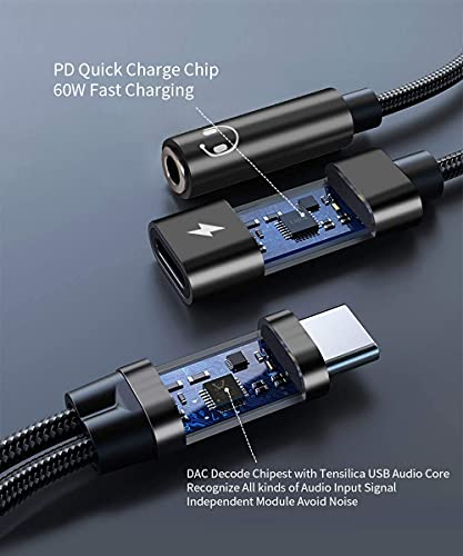 USB C to 3.5mm Headphone and Charger Adapter, 2 in 1 USB C to 3.5mm Headphone Jack Adapter Hi-Res DAC and Fast Charging Dongle Compatible with Google Pixel 5 4 3 XL, Galaxy S22/S22+/S21, Note 10/20
