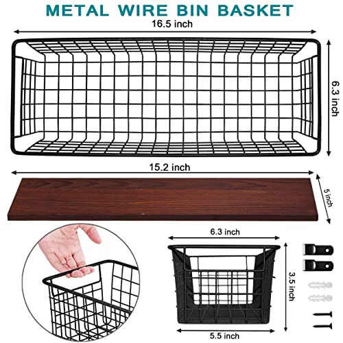 2 Set [Extra Large] Portable Metal Farmhouse Wall Decor Storage Organizer Basket Bin with Handles and Floating Shelves for Hanging in Bathroom,Kitchen,Office-Wall Mount Hooks Included (2, Black)