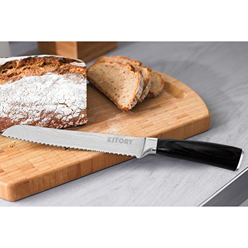 Kitory Bread Knife Serrated Knife 8ββ Ultra Sharp Slicing Knife with Sheath German High Carbon Steel Wavy Edge Cake Slicer Bakery Slicing Cutter Ergonomic Ideal for All Types of Bread