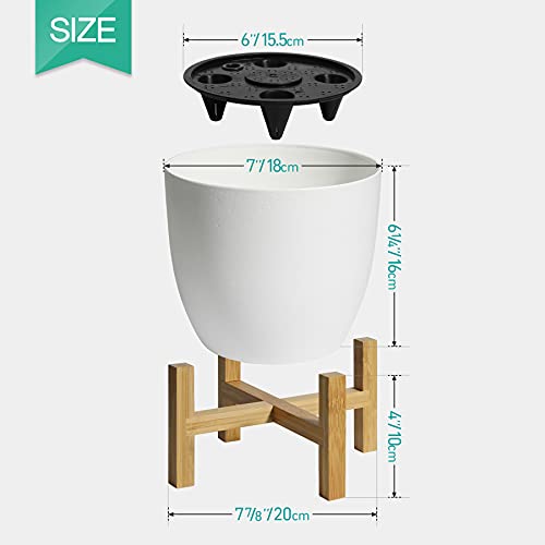 T4U 7 Inch Self Watering Planter with Bamboo Stand Set of 2, Plastic White Flower Pot for Indoor Herb Plant, Aloe, African Violet, Nursery Seedling Pot Round, Modern Decor for Home, Garden, Office