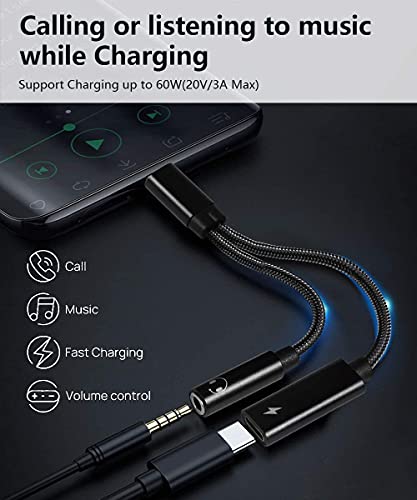 USB C to 3.5mm Headphone and Charger Adapter, 2 in 1 USB C to 3.5mm Headphone Jack Adapter Hi-Res DAC and Fast Charging Dongle Compatible with Google Pixel 5 4 3 XL, Galaxy S22/S22+/S21, Note 10/20