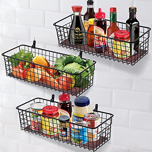 2 Set [Extra Large] Portable Metal Farmhouse Wall Decor Storage Organizer Basket Bin with Handles and Floating Shelves for Hanging in Bathroom,Kitchen,Office-Wall Mount Hooks Included (2, Black)