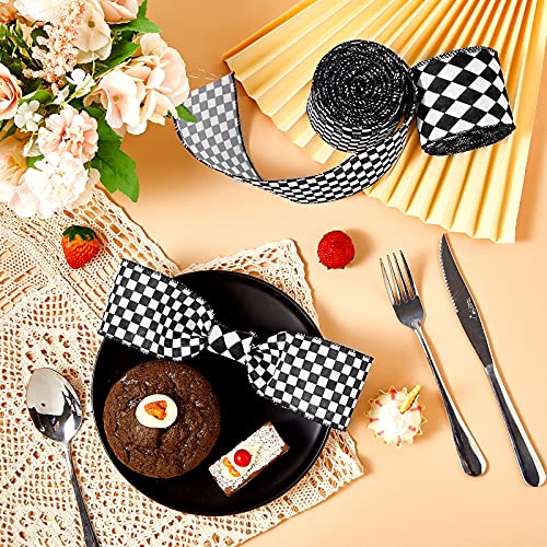 2 Rolls/ 20 Yards Black and White Checkered Ribbons Buffalo Plaid Wired Edge Ribbon Diamond Check Gingham Wrapping Ribbon for Christmas Tree DIY Hair Bow Wreath Decors Crafts, 2 Styles (2.5 Inch Wide)
