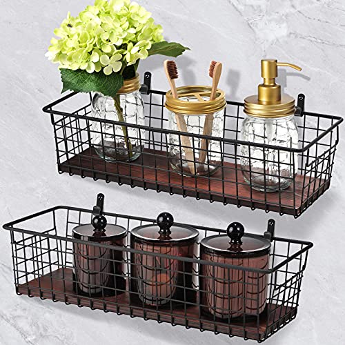 2 Set [Extra Large] Portable Metal Farmhouse Wall Decor Storage Organizer Basket Bin with Handles and Floating Shelves for Hanging in Bathroom,Kitchen,Office-Wall Mount Hooks Included (2, Black)