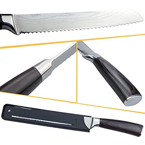 Kitory Bread Knife Serrated Knife 8ββ Ultra Sharp Slicing Knife with Sheath German High Carbon Steel Wavy Edge Cake Slicer Bakery Slicing Cutter Ergonomic Ideal for All Types of Bread