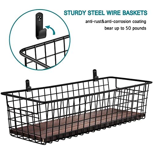 2 Set [Extra Large] Portable Metal Farmhouse Wall Decor Storage Organizer Basket Bin with Handles and Floating Shelves for Hanging in Bathroom,Kitchen,Office-Wall Mount Hooks Included (2, Black)