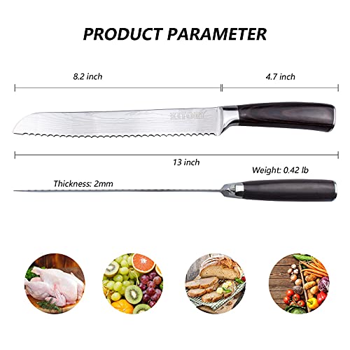 Kitory Bread Knife Serrated Knife 8ββ Ultra Sharp Slicing Knife with Sheath German High Carbon Steel Wavy Edge Cake Slicer Bakery Slicing Cutter Ergonomic Ideal for All Types of Bread