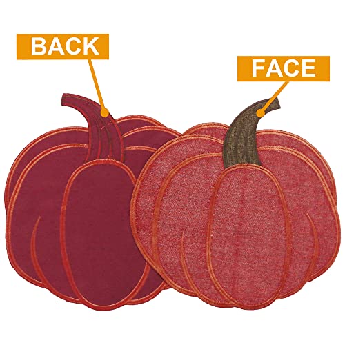 OWENIE Fall Placemats Set of 4, Embroidered Harvest Pumpkins Placemats, Thanksgiving Placemats for Autumn Decorations, Boho Farmhouse Table Mats, Halloween Doilies, Red, 15 Inch Diecut