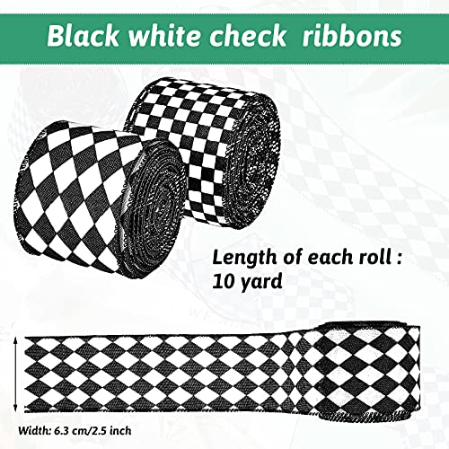 2 Rolls/ 20 Yards Black and White Checkered Ribbons Buffalo Plaid Wired Edge Ribbon Diamond Check Gingham Wrapping Ribbon for Christmas Tree DIY Hair Bow Wreath Decors Crafts, 2 Styles (2.5 Inch Wide)