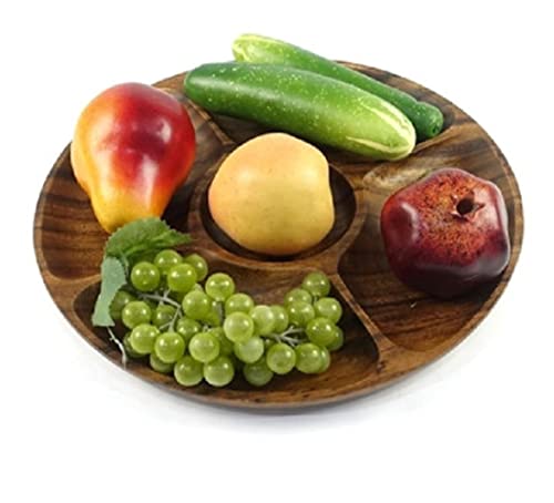 Diameter 12" Premium Acacia Wooden 5-Compartment Divided edge of 4 hole Round Wood Plate Divided Dessert Serving Trays Platters 5 Section