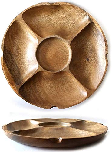 Diameter 12" Premium Acacia Wooden 5-Compartment Divided edge of 4 hole Round Wood Plate Divided Dessert Serving Trays Platters 5 Section