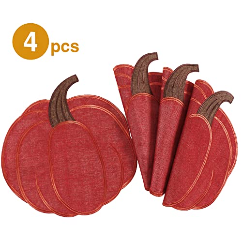 OWENIE Fall Placemats Set of 4, Embroidered Harvest Pumpkins Placemats, Thanksgiving Placemats for Autumn Decorations, Boho Farmhouse Table Mats, Halloween Doilies, Red, 15 Inch Diecut