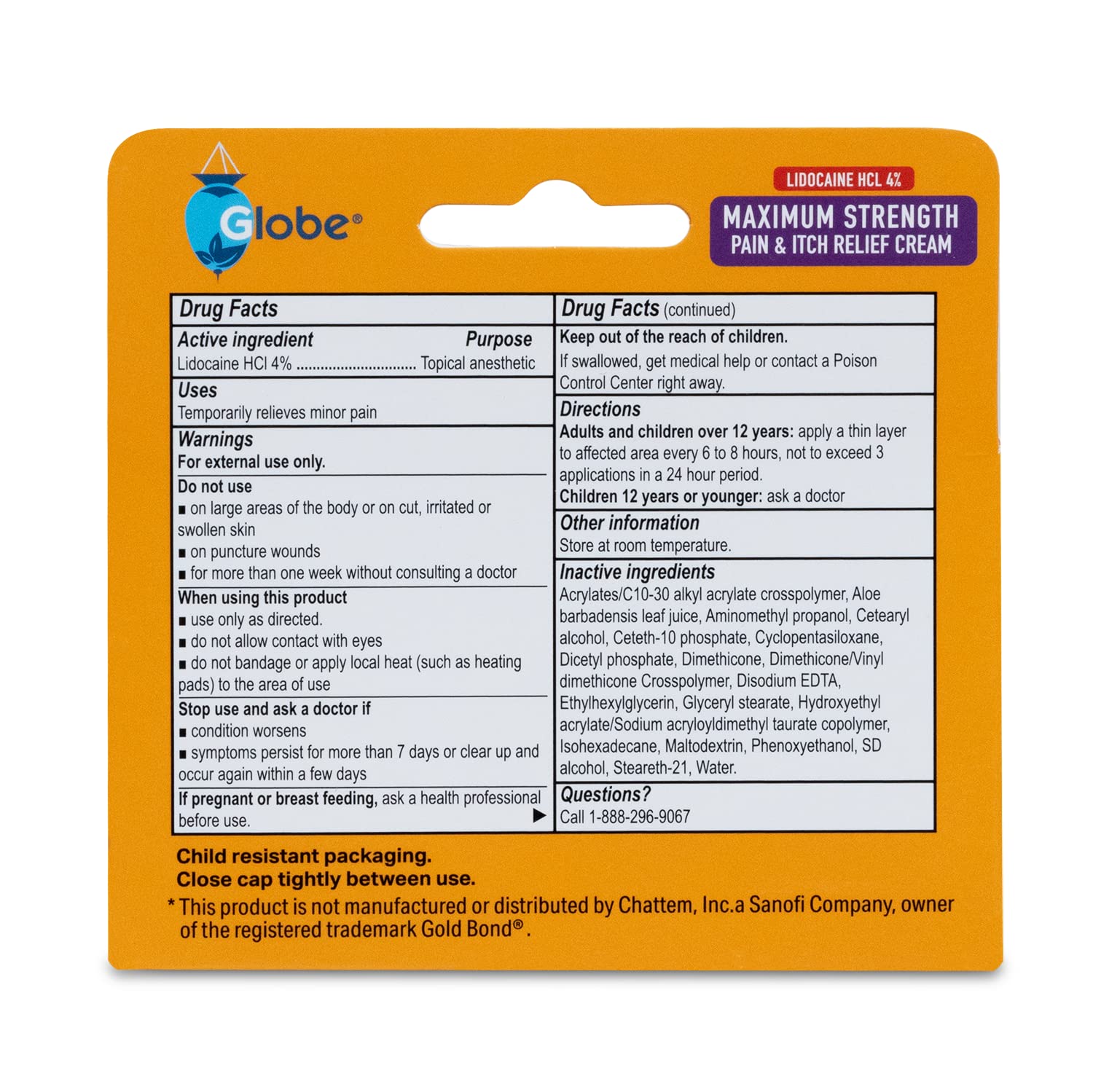 Globe Lidocaine 4% Multi-Symptom Relief Cream 1.75 oz, Numbs Away Pain & Itch, Steroid Free Non-Greasy Formula (Compare to Gold Bond w/Lidocaine)